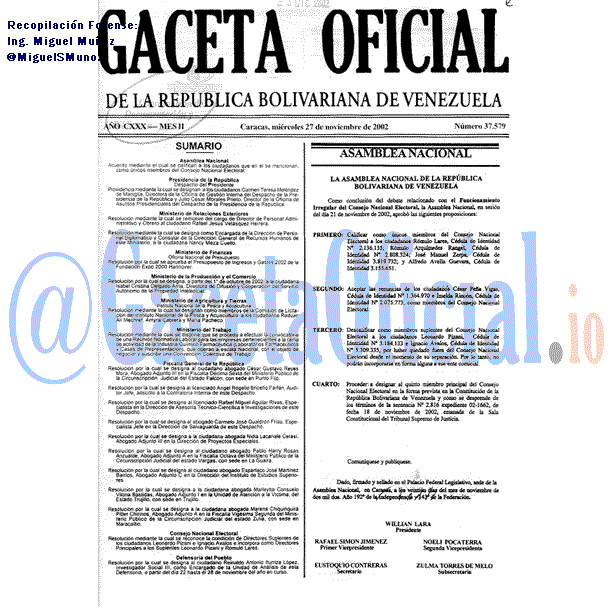 Gaceta Oficial 37579 2002-11-27